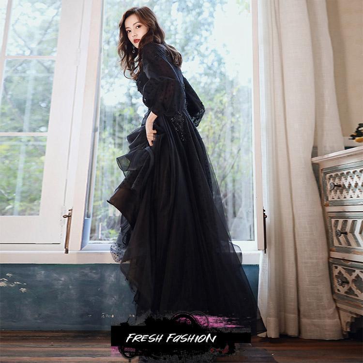 イブニングドレス ロングドレス 黒 パフスリーブ 長袖 発表会ドレス ブラック キラキラ スパンコール 花柄 ビーズ キレイめ パーティードレス Aライン 演奏会 : 0304-f610 ...