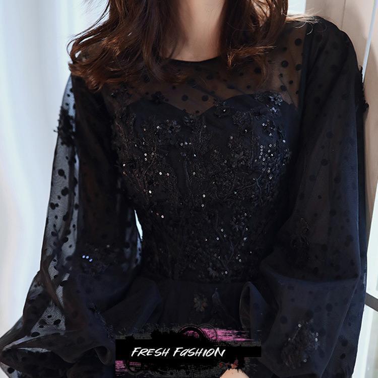 イブニングドレス ロングドレス 黒 パフスリーブ 長袖 発表会ドレス ブラック キラキラ スパンコール 花柄 ビーズ キレイめ パーティードレス Aライン 演奏会 : 0304-f610 ...