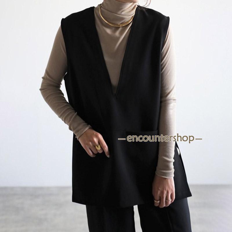 ベスト フロントポケット深Vネックベスト スリット ゆったり レイヤード オーバーサイズ秋 大人カジュアル オフィスカジュアル : KSMCヤフーショップ - 通販 - Yahoo!ショッピング