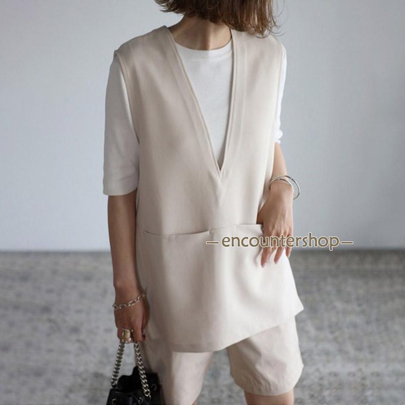 ベスト フロントポケット深Vネックベスト スリット ゆったり レイヤード オーバーサイズ秋 大人カジュアル オフィスカジュアル : KSMCヤフーショップ - 通販 - Yahoo!ショッピング