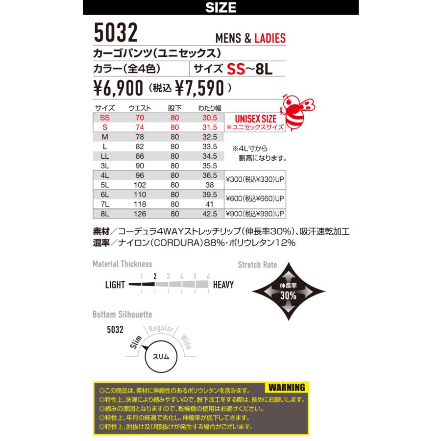 2025年新商品 バートル カーゴパンツ 5032 SS~7L ストレッチ 吸汗速乾 メンズ レディース 春夏 作業服 作業着 耐久性 CORDURA コーデュラ 接触冷感 BURTLE ...