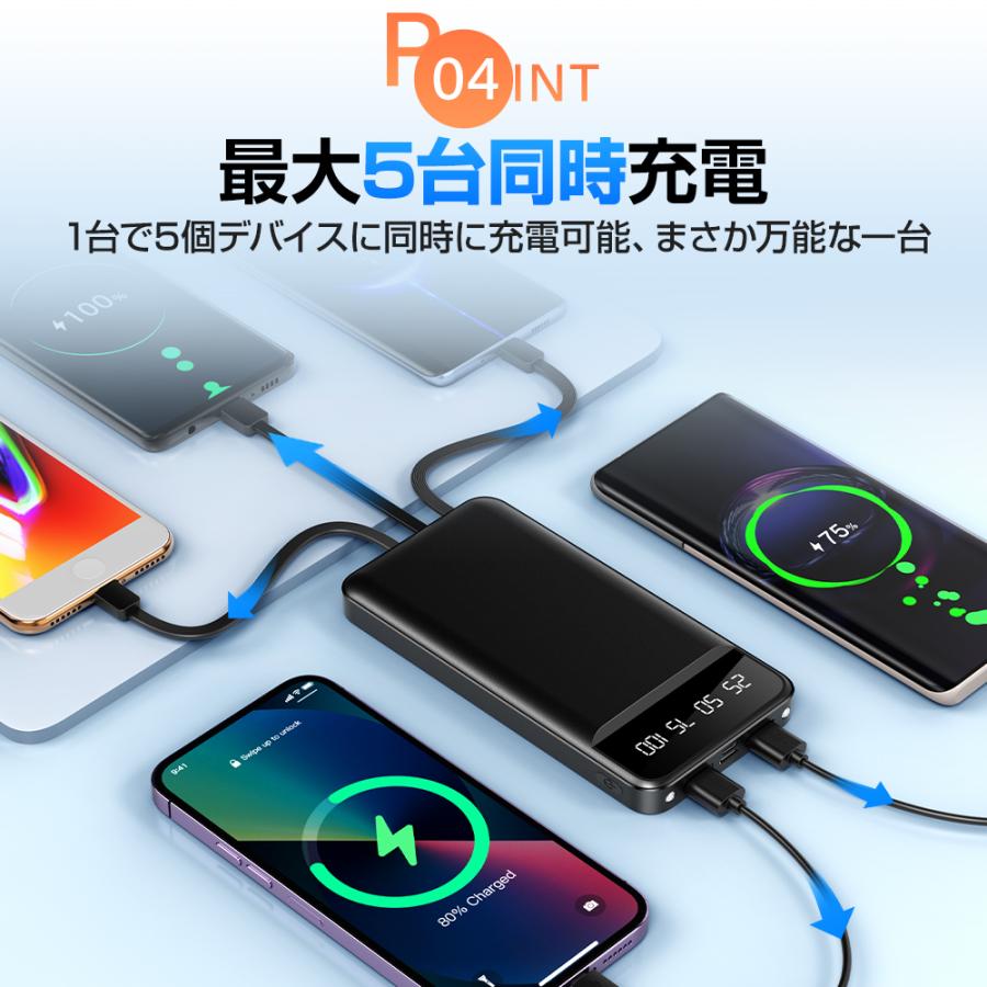 モバイルバッテリー 40000mAh 大容量 軽量 薄型 5台同時充電 急速充電 5v/2.4a スマホ充電器 残量表示 Lightning 4本ケーブル内蔵 iPhone Android ...