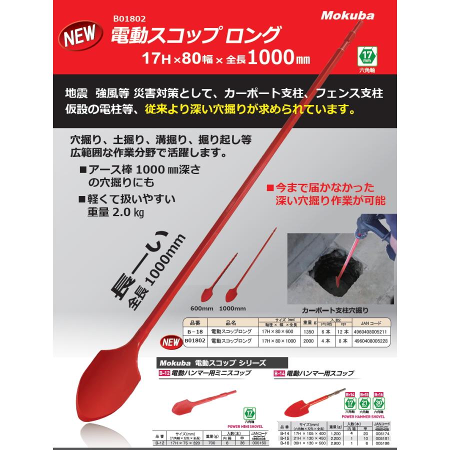 モクバ 電動スコップロング B01802 17H×80×1000mm 【六角軸17mm対応】 : くまごろう - 通販 - Yahoo!ショッピング