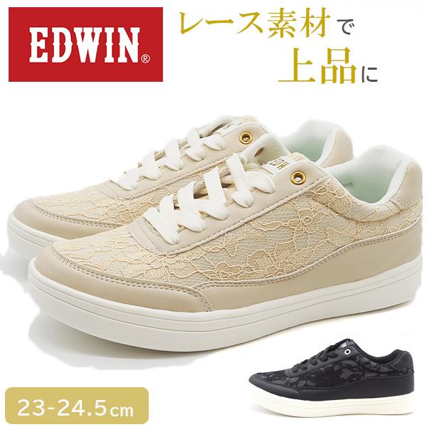 EDWIN エドウィン レディース スニーカー 靴 黒 ブラック ベージュ レース 花 おしゃれ かわいい 軽い 通勤 通学 EDW-4198 ...