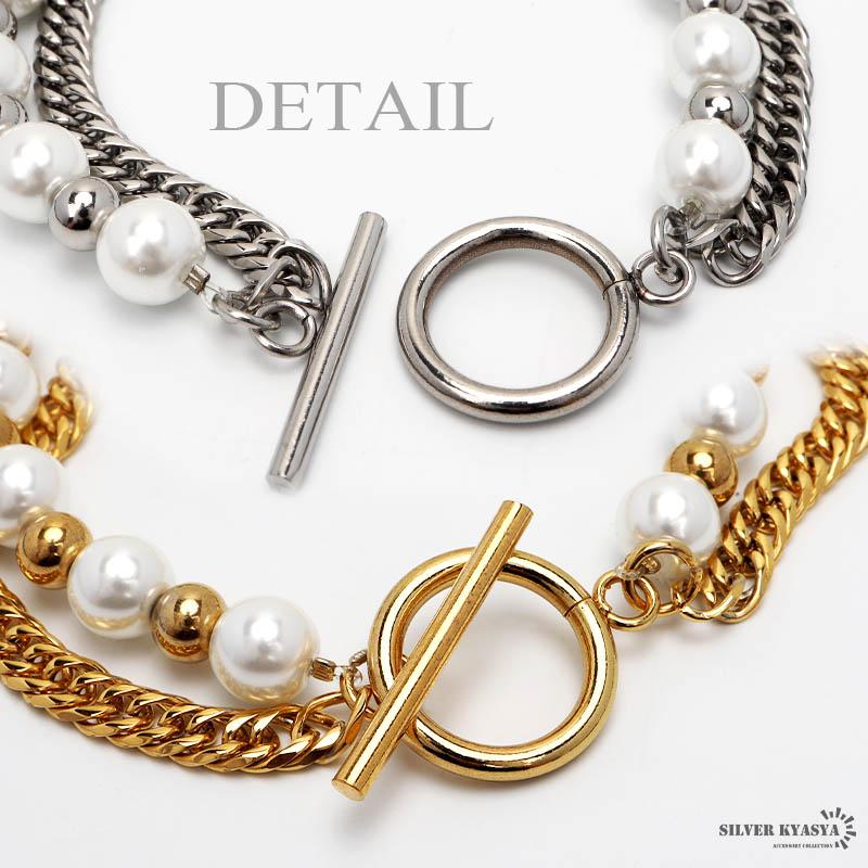 パールブレスレット メンズ 6面カット ダブル喜平 ゴールド シルバー 18K K18 GP マンテル チェーンブレスレット ステンレス 金属 ...
