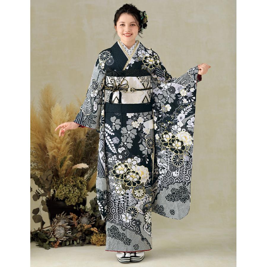 お誂え仕立付振袖 成人式振袖購入 s283-1 ブラック・黒地/古典・鹿の子柄 : きもの京和楽 - 通販 - Yahoo!ショッピング