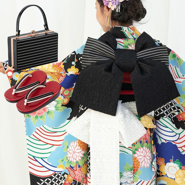 黒地に波と花車輪 結び帯セット 着物 15点 フルセット モダン のし対応 洗える 7歳 女の子 子供 箱せこセット 草履バッグ 総柄 和柄 花柄 波 菊 牡丹 黒/青/水色 : 京都みさやま ...