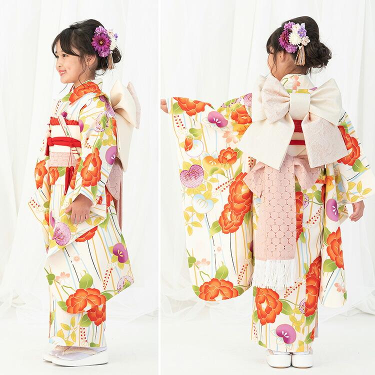 生成り地に椿とたちばな 着物 モダン かわいい 単品 四つ身 のし対応 洗える 7歳 女の子 子供 重ね衿 長襦袢付き 総柄 和柄 花柄 椿 橘 クリーム/赤 /紫 : 京都みさやま店 ...