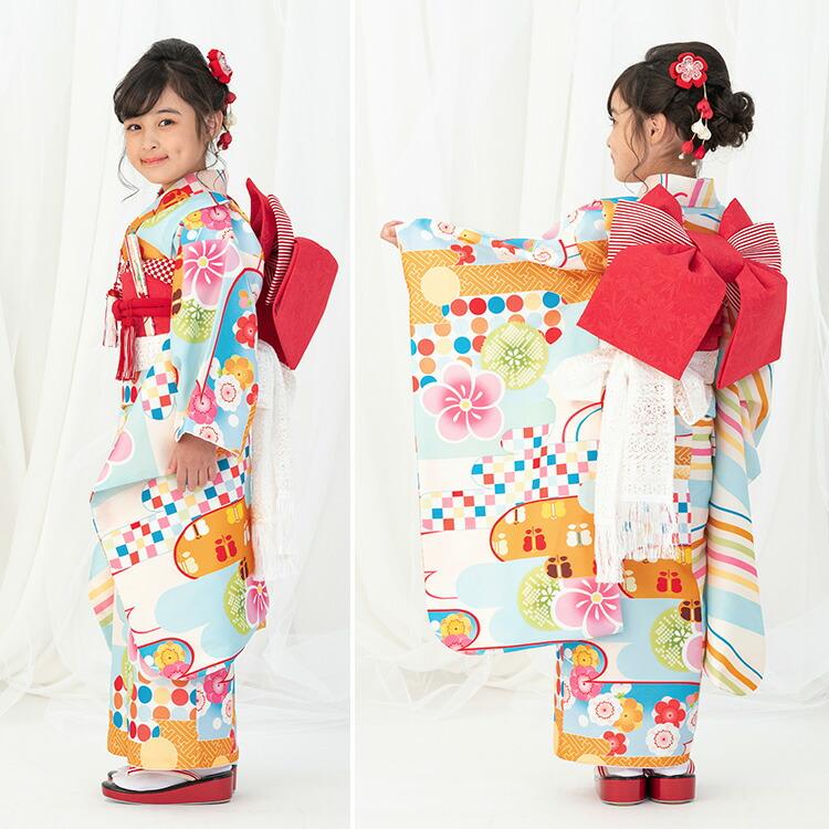 七五三 着物 7歳 四つ身セット(結び帯セット) 女の子 15点フルセット 着付けマニュアル付き 水色地に斜め縞となないろ 総柄 カラフル 水色/ピンク/白/赤 HAP7 : 京都みさやま店 ...