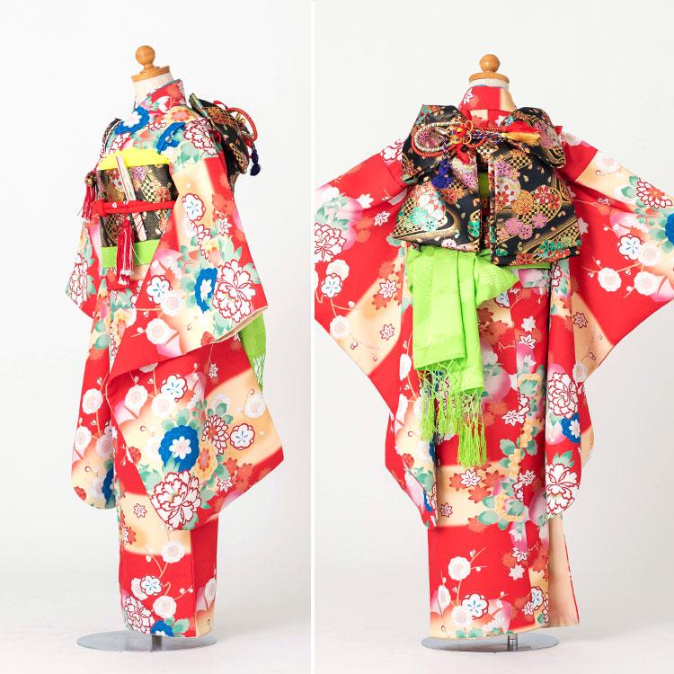 七五三 着物 7歳 女の子 フルセット 四つ身 753 七歳 7才 子供 四ツ身 セット 七五三参り お正月 雛祭り 結び帯 箱せこ 前撮り 販売 購入 モダン 赤 牡丹 菊 :2033 ...