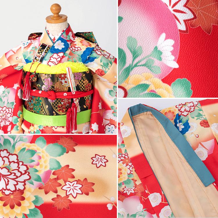 七五三 着物 7歳 女の子 フルセット 四つ身 753 七歳 7才 子供 四ツ身 セット 七五三参り お正月 雛祭り 結び帯 箱せこ 前撮り 販売 購入 モダン 赤 牡丹 菊 :2033 ...