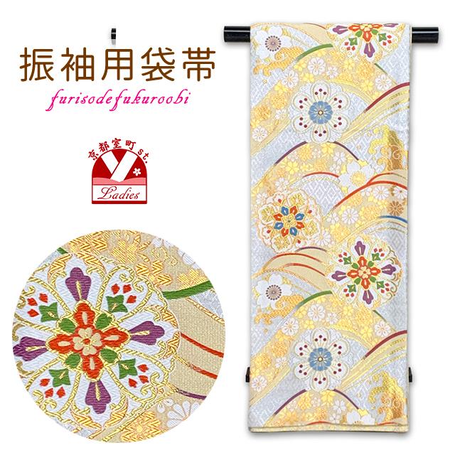 振袖 袋帯 単品「白地、金 輪違いに梅」六通柄 日本製 お仕立て上がり