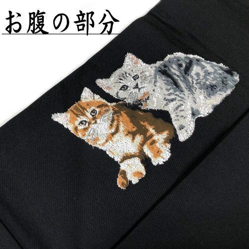 かわいい猫のモチーフ九寸名古屋帯グレー地に織柄にて、眼 かわいい猫のモチーフ九寸名古屋帯グレー地に織柄にて、眼