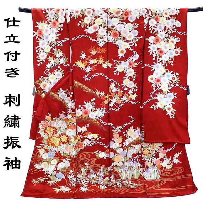 特選品 手刺繍振袖 仕立付き 四季花文 赤色 f-784 尾峨佐染繍 特選品 手刺繍振袖 仕立付き 四季花文 赤色 f-784 尾峨佐染繍