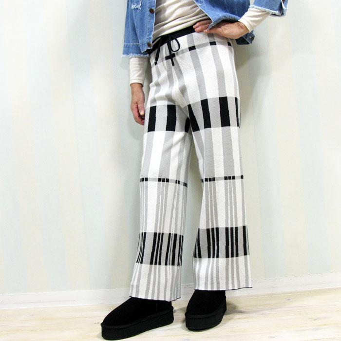 55％OFF 【MAX2000円クーポン】 GALENA ガレナ 幾何学チェック柄 ニットワイドパンツ (70032-5110 ...