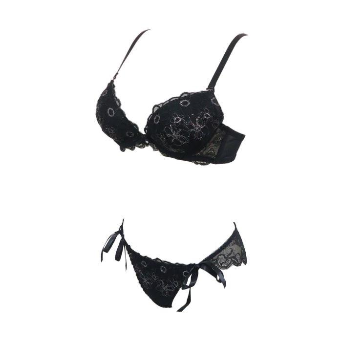 ブラジャー＆ショーツ（ヒモパン） ラメ刺繍 パッドつき ワイヤー入り ブラック B65 B70 B75 C65 C70 D65 : 下着屋さん ラポーニュ - 通販 - Yahoo!ショッピング