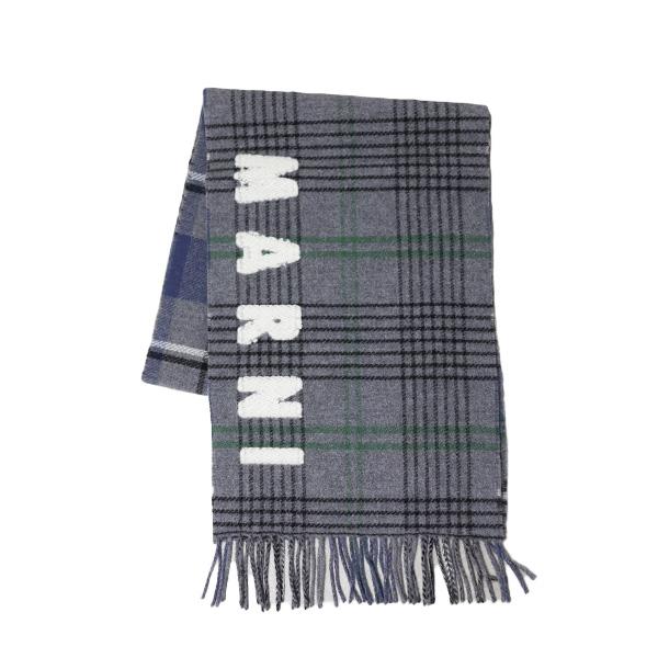 MARNI マルニ Double Check Wool Scarf ダブルチェック ウール マフラー スカーフ チェック柄 フリンジ ロゴ ...