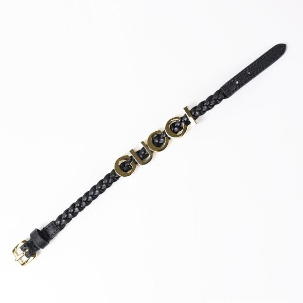 GUCCI グッチ Leather Bracelet ブレスレット アクセサリー 編み込み イントレチャート レザー ブラス レディース ...