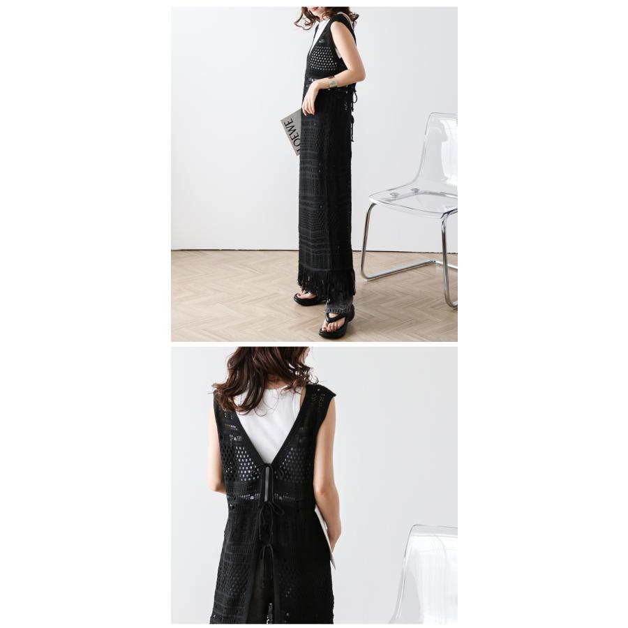 ジレ ロングジレ ワンピース風 2WAY かぎ編み リボン フリンジ ジレ ロングジレ ワンピース風 2WAY かぎ編み リボン フリンジ
