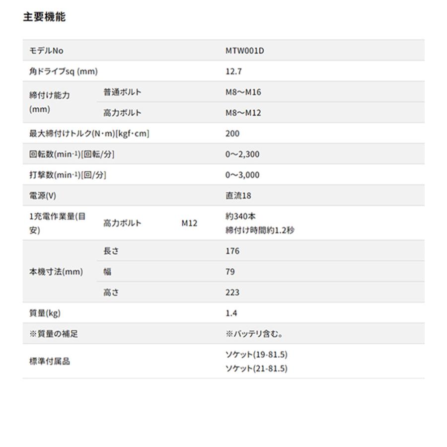 マキタ 充電式インパクトレンチ MTW001DSA : 019705000147 : Arclands Online 2号館 ヤフー店 - 通販 - Yahoo!ショッピング