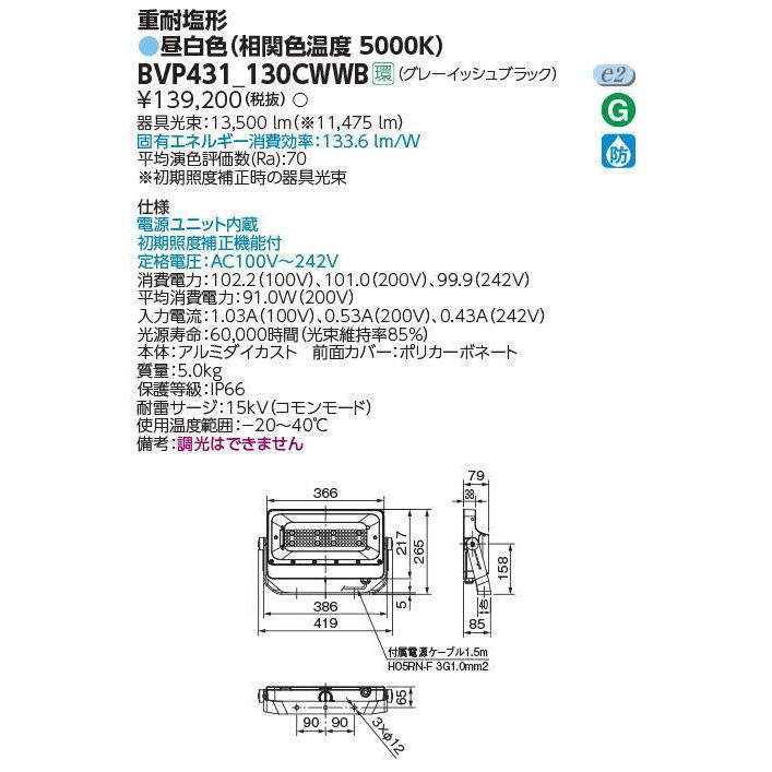 BVP431_130CWWB 東芝(フィリップス ブランド） 重耐塩形LED投光器 広角配光 昼白色 13500 lm グレーイッシュブラック ...