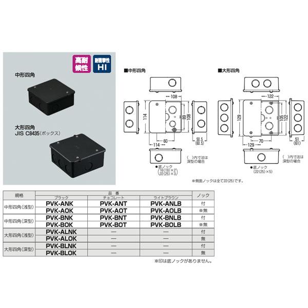 PVKボックス 中形四角 深型 ノック付 PVK-BNK ブラック/PVK-BNT チョコレート/PVK-BNLB ライトブラウン（PVKBNK/PVKBNT/PVKBNLB）未来工業 ...