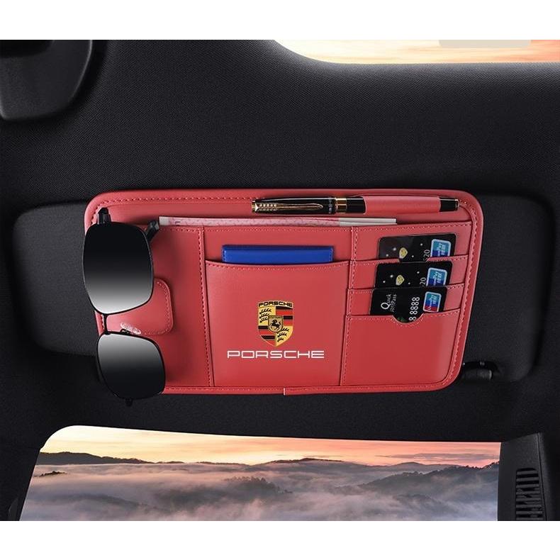 PORSCHE ★ポルシェ PORSCHE★レッド★サンバイザーポケット 車用 小物入れ PUレザー カード メガネ ペン 収納ホルダー 多 ...