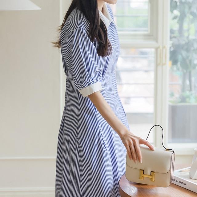 シャツワンピース ストライプ 半袖 五分袖 カジュアル ワンピース 春