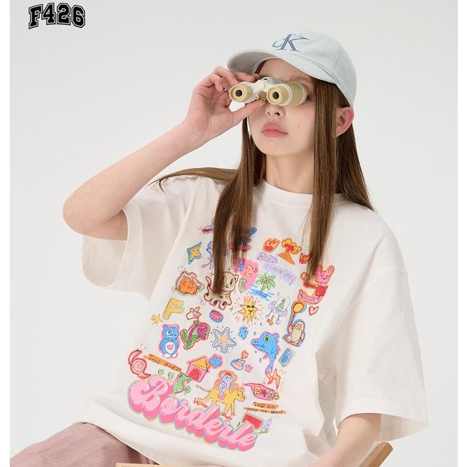 【F426/エフ426】tシャツ レディース 半袖 ゆったり 黒 プリントシャツ Tシャツ ラウンドネック カジュアル ガーリー イラスト : パーティードレス通販Leap - 通販 ...