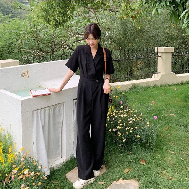 襟付き オールインワン レディース ジャンプスーツ 袖あり 半袖 五分袖 パンツ ハイウエスト ワイドパンツ 無地 シンプル ゆったり 体型 ...