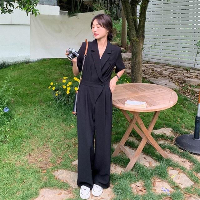 襟付き オールインワン レディース ジャンプスーツ 袖あり 半袖 五分袖 パンツ ハイウエスト ワイドパンツ 無地 シンプル ゆったり 体型 ...