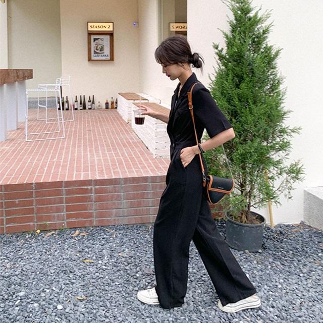 襟付き オールインワン レディース ジャンプスーツ 袖あり 半袖 五分袖 パンツ ハイウエスト ワイドパンツ 無地 シンプル ゆったり 体型 ...