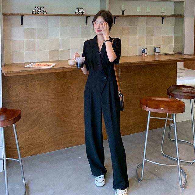 襟付き オールインワン レディース ジャンプスーツ 袖あり 半袖 五分袖 パンツ ハイウエスト ワイドパンツ 無地 シンプル ゆったり 体型 ...