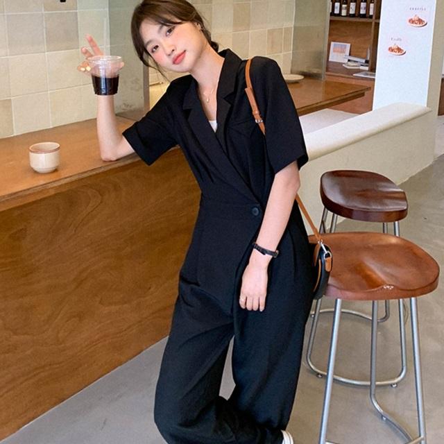 襟付き オールインワン レディース ジャンプスーツ 袖あり 半袖 五分袖 パンツ ハイウエスト ワイドパンツ 無地 シンプル ゆったり 体型 ...