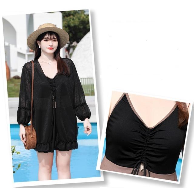 ワンピース水着 シンプル 水着 2点 セット 大きいサイズ 3L 4L 5L 6L 体型カバー水着 aライン 長袖 カーディガン シアートップス 水着 ママ ワンピース 可愛い ...