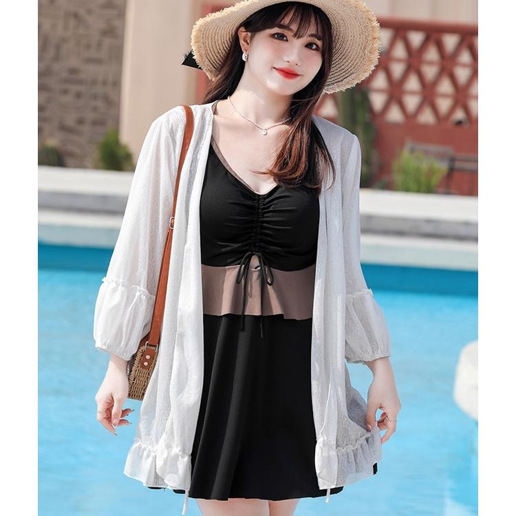 ワンピース水着 シンプル 水着 2点 セット 大きいサイズ 3L 4L 5L 6L 体型カバー水着 aライン 長袖 カーディガン シアートップス 水着 ママ ワンピース 可愛い ...