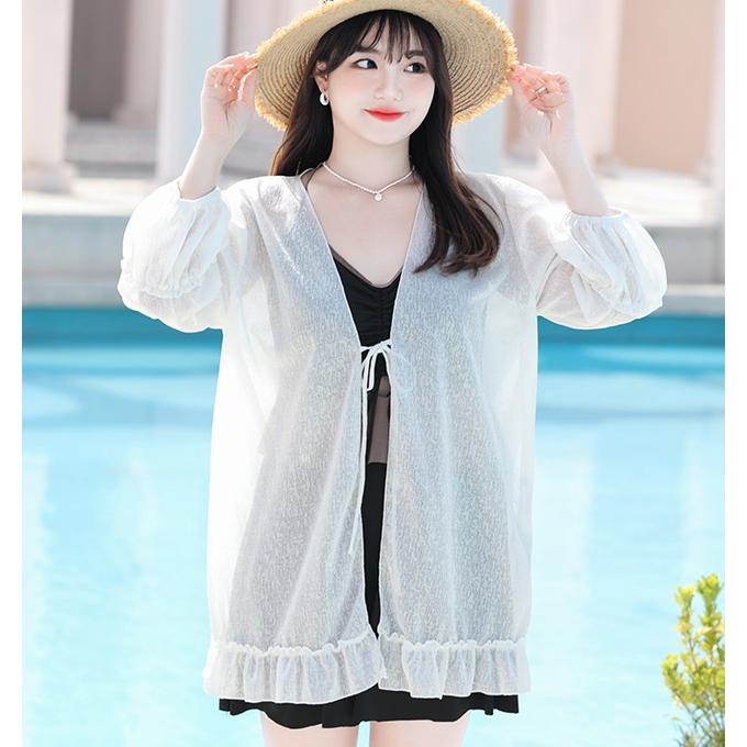 ワンピース水着 シンプル 水着 2点 セット 大きいサイズ 3L 4L 5L 6L 体型カバー水着 aライン 長袖 カーディガン シアートップス 水着 ママ ワンピース 可愛い ...