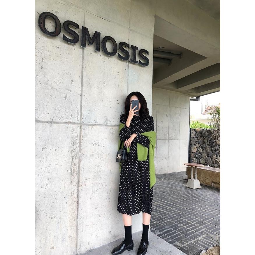 大きいサイズ 3L 4L 5L ワンピース 長袖 春 秋 シフォン 水玉 ドット