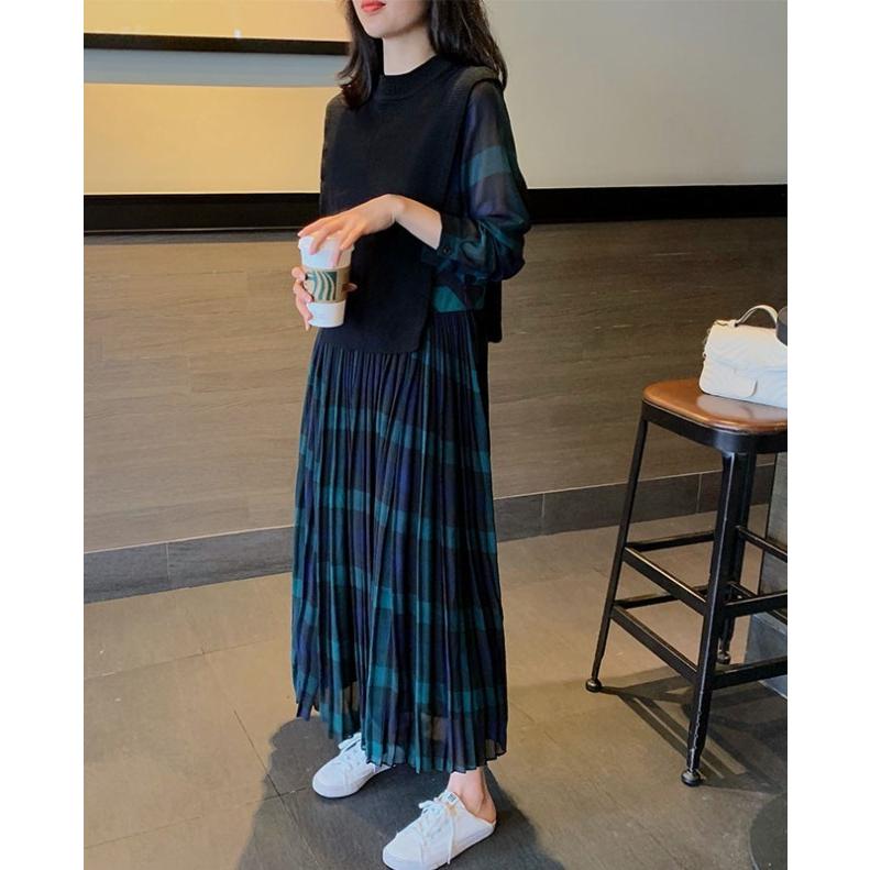 レイヤード風ワンピース 切り替え ワンピース レディース ロング 長袖