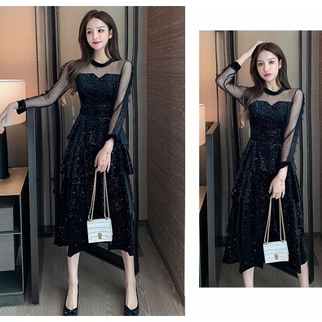 パーティードレス 結婚式 ドレス お呼ばれ 黒 韓国 袖あり 長袖