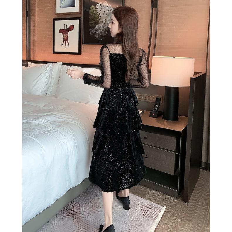 パーティードレス 結婚式 ドレス お呼ばれ 黒 韓国 袖あり 長袖