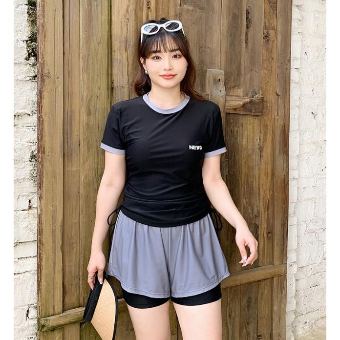 水着レディース 体型カバー 大きいサイズ 3L 4L 5L 6L フィットネス水着 女性 セパレート ラッシュガード Tシャツ 半袖 2点セット ロゴ 韓国 黒 シンプル : パーティードレス ...