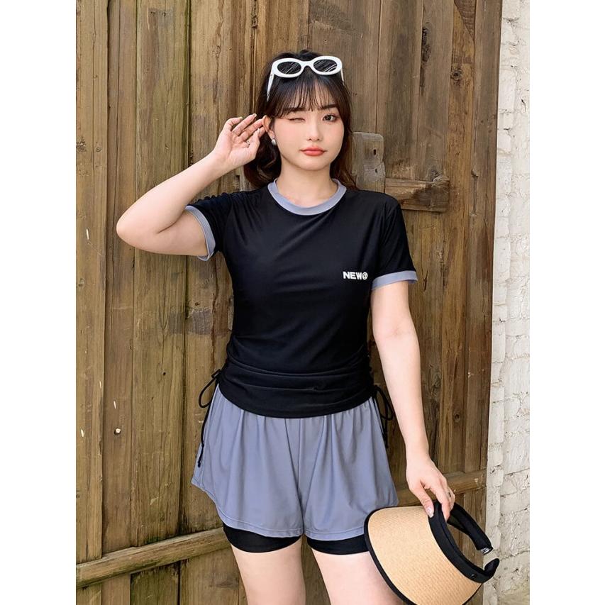 水着レディース 体型カバー 大きいサイズ 3L 4L 5L 6L フィットネス水着 女性 セパレート ラッシュガード Tシャツ 半袖 2点セット ロゴ 韓国 黒 シンプル :SSK0170 ...
