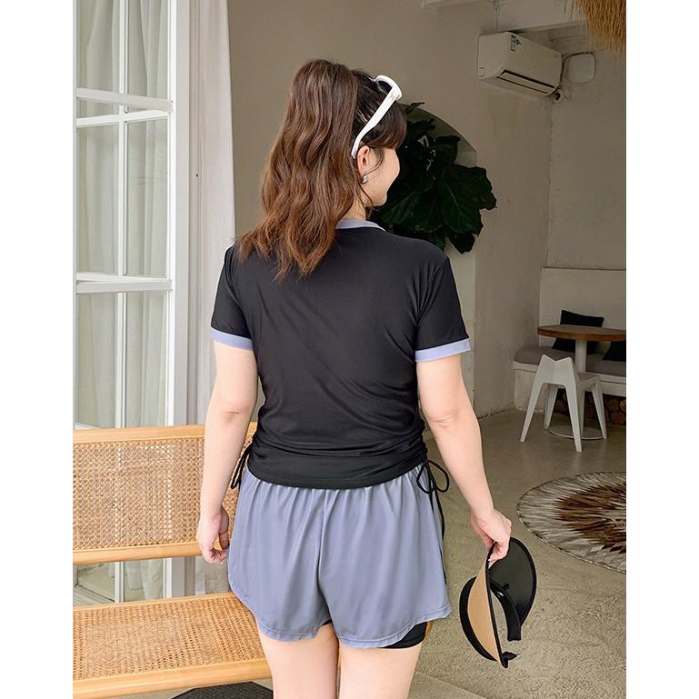 水着レディース 体型カバー 大きいサイズ 3L 4L 5L 6L フィットネス水着 女性 セパレート ラッシュガード Tシャツ 半袖 2点セット ロゴ 韓国 黒 シンプル :SSK0170 ...