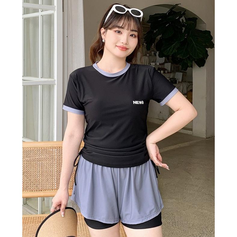 水着レディース 体型カバー 大きいサイズ 3L 4L 5L 6L フィットネス水着 女性 セパレート ラッシュガード Tシャツ 半袖 2点セット ロゴ 韓国 黒 シンプル :SSK0170 ...