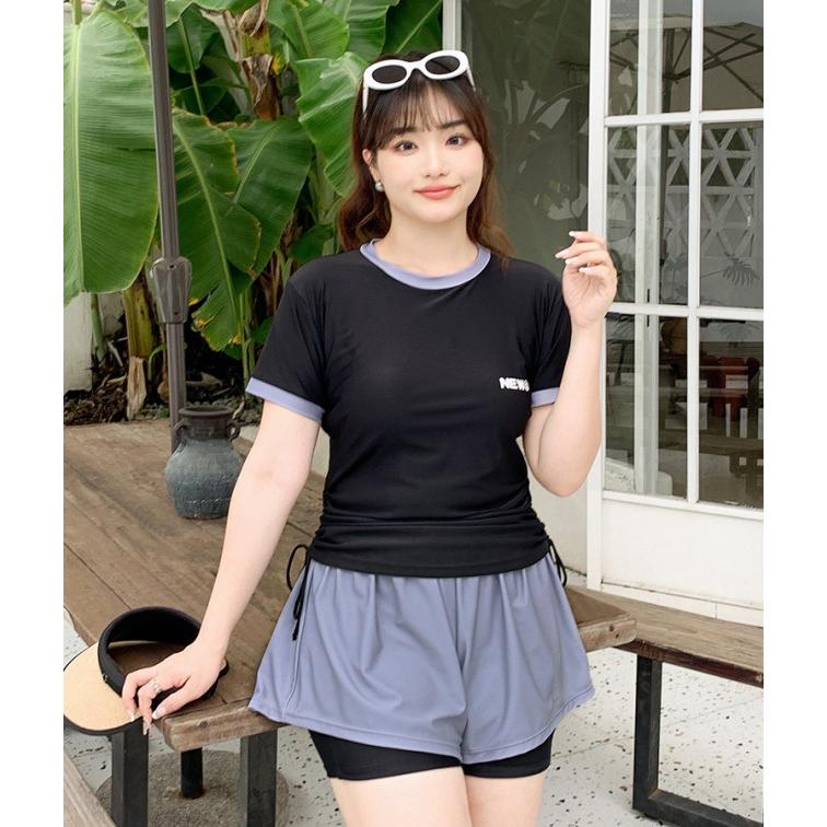 水着レディース 体型カバー 大きいサイズ 3L 4L 5L 6L フィットネス水着 女性 セパレート ラッシュガード Tシャツ 半袖 2点セット ロゴ 韓国 黒 シンプル :SSK0170 ...