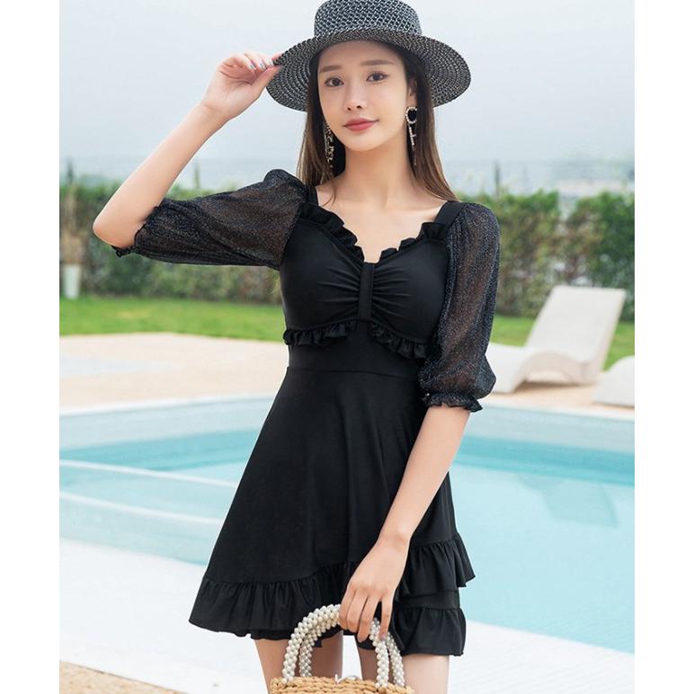 水着レディース 体型カバー 大きいサイズ 3L 4L 5L ワンピース水着 レディース 韓国 フリル ショートパンツ シアー袖 20代 30代 40代 黒 ピンク : パーティードレス通販 ...