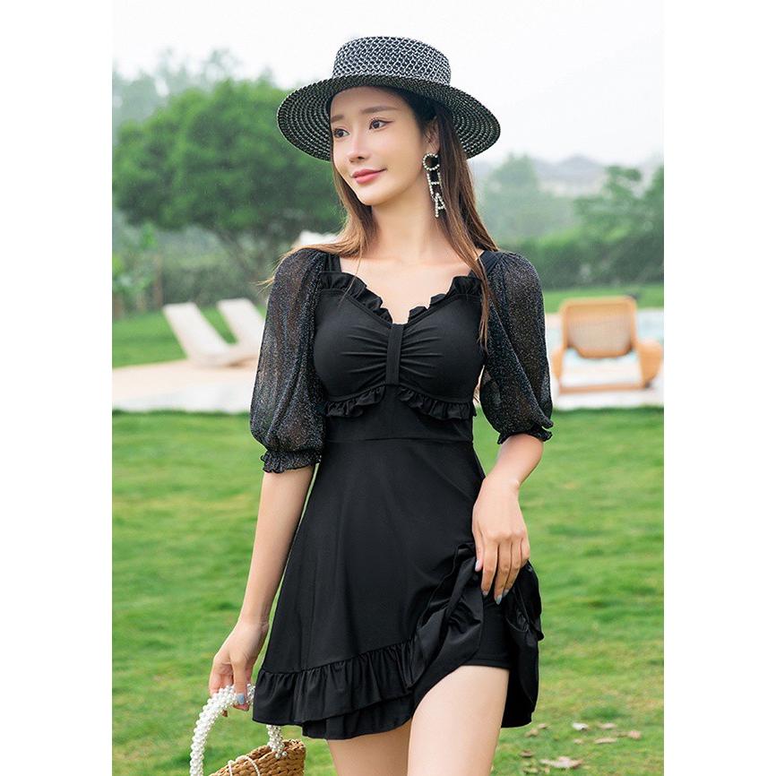 水着レディース 体型カバー 大きいサイズ 3L 4L 5L ワンピース水着 レディース 韓国 フリル ショートパンツ シアー袖 20代 30代 40代 黒 ピンク : パーティードレス通販 ...