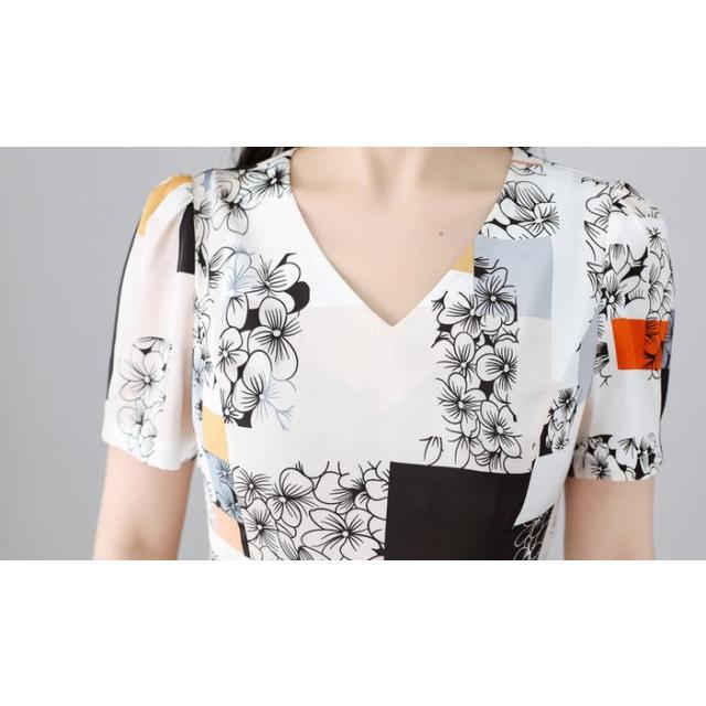 ワンピース レディース 花柄 きれいめ 春 夏 膝下 Vネック 半袖 ミディアムワンピース Aラインワンピース ウエストリボン 大きいサイズ 3L 4L 5L 白 黒 赤 :SSK0194 ...