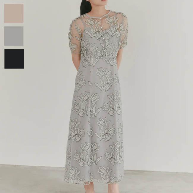 kaene カエン 花園 ローズ レース レイヤード ドレス ワンピース レディース セットアップ 半袖 フラワー 刺〓 二次会 オケージョン 100998 ( 正規取扱店 ...